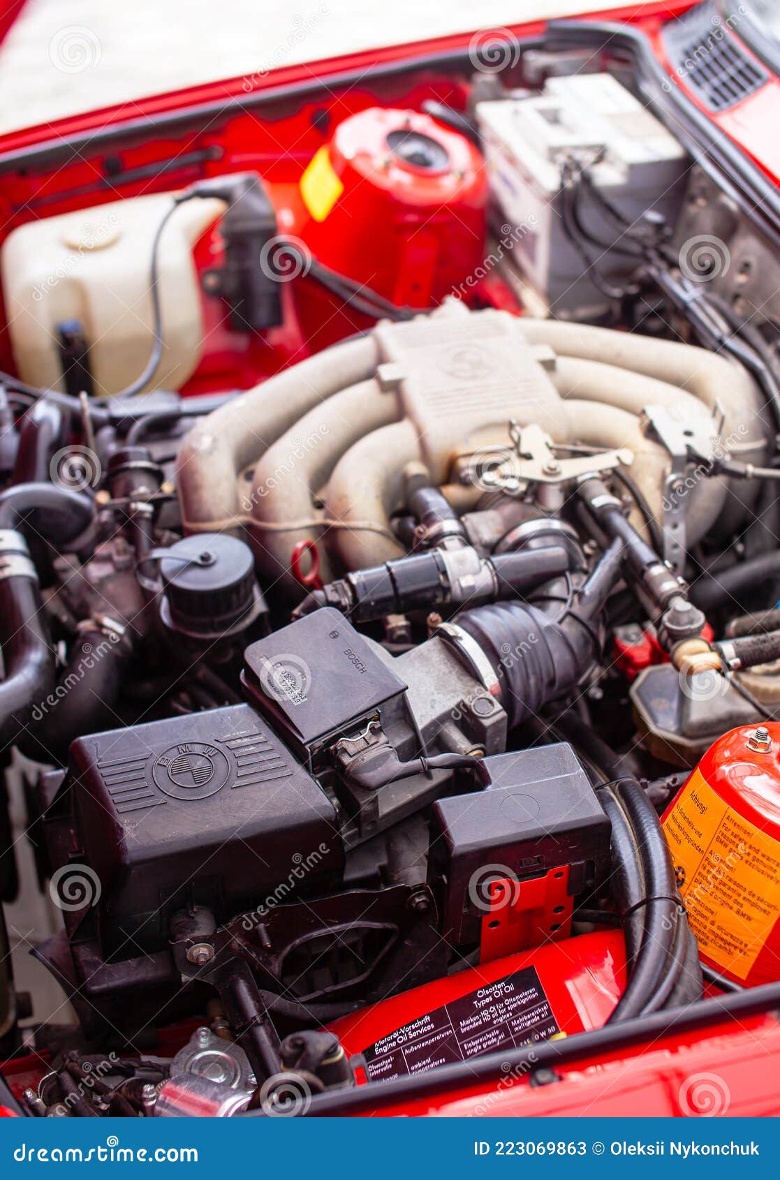 KYIV, UKRAINE - May 24, 2020: the Engine Compartment of a BMW E30 with ...