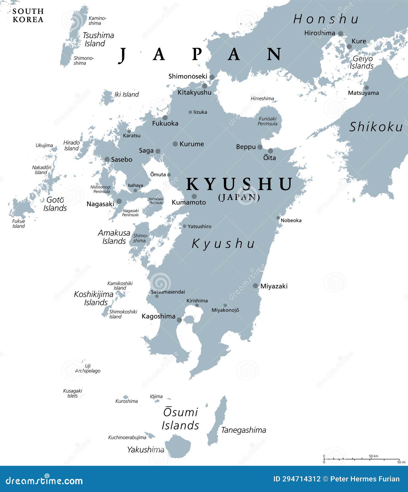 Kyushu Island Japan, East Asia, Japanese Archipelago Map Vector ...