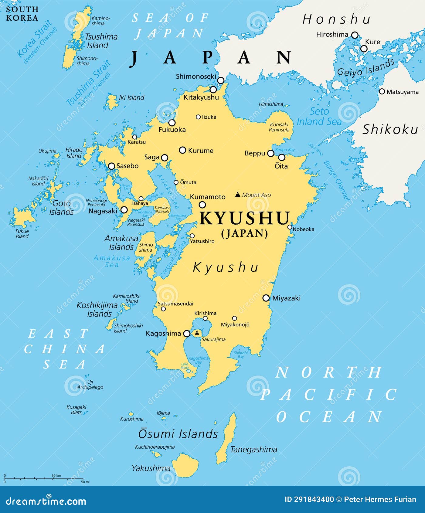 Kyushu, Region of Japan, and One of Five Main Islands, Political Map ...