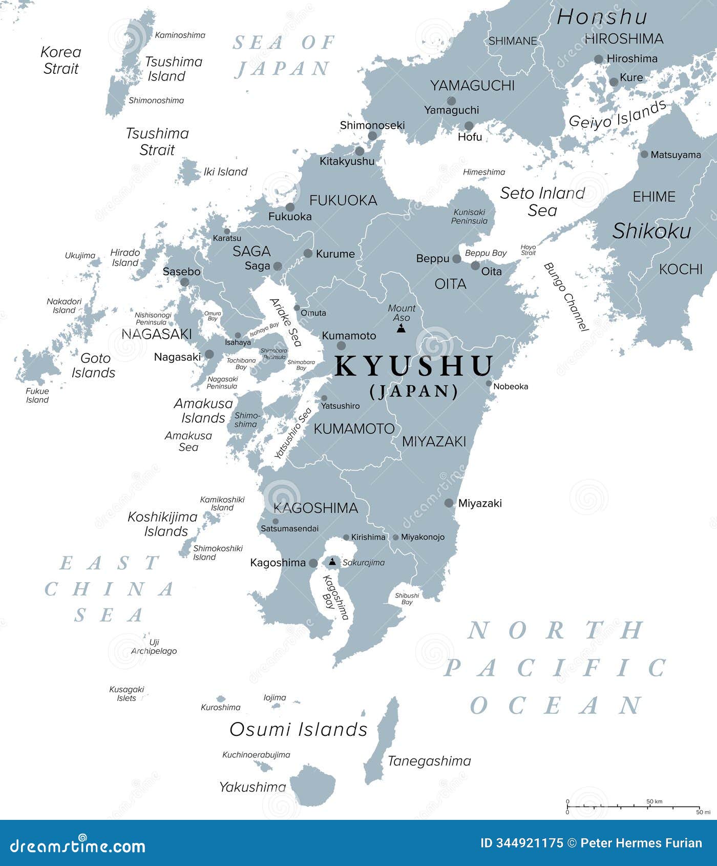 Kyushu Island in Japan, Gray Political Map with Prefectures Stock ...