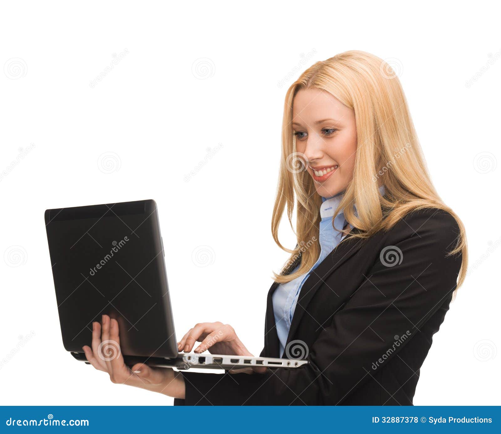 Lächelnde Frau Mit Laptop-Computer Stockfoto - Bild von plaudern ...