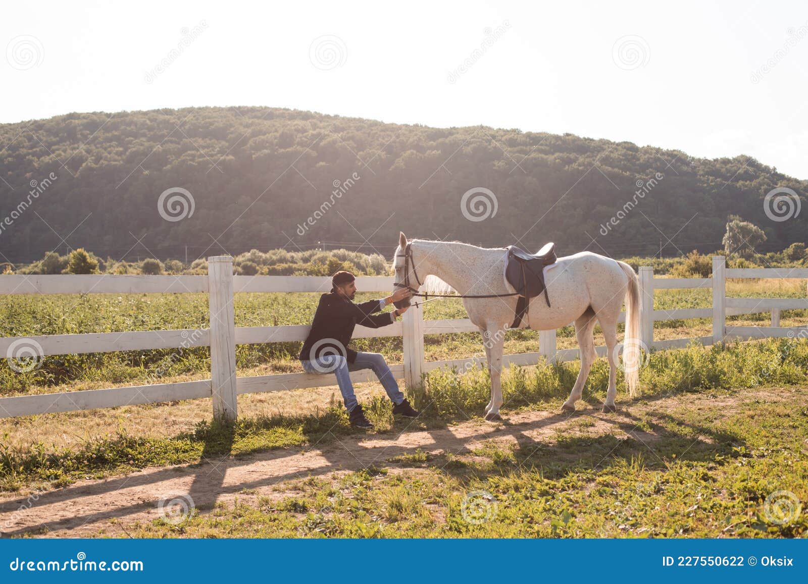 L'uomo Sta Riposando Con Un Cavallo in Un Ranch Fotografia Stock ... L'uomo Sta Riposando Con Un Cavallo in Un Ranch Fotografia Stock ...