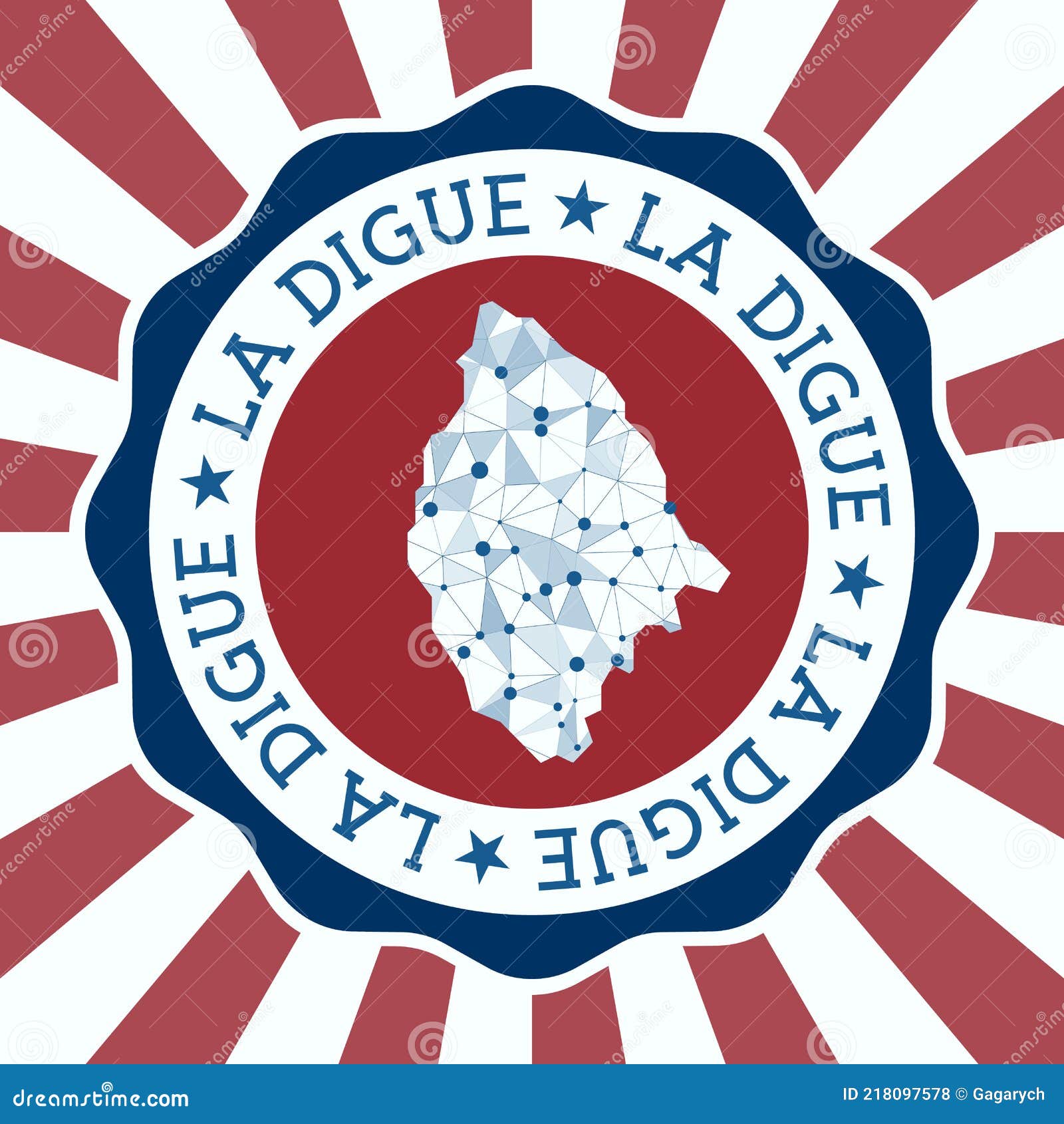 La Digue Logo. Grunge Sunburst Poster With Map Of. Cartoon Vector ...