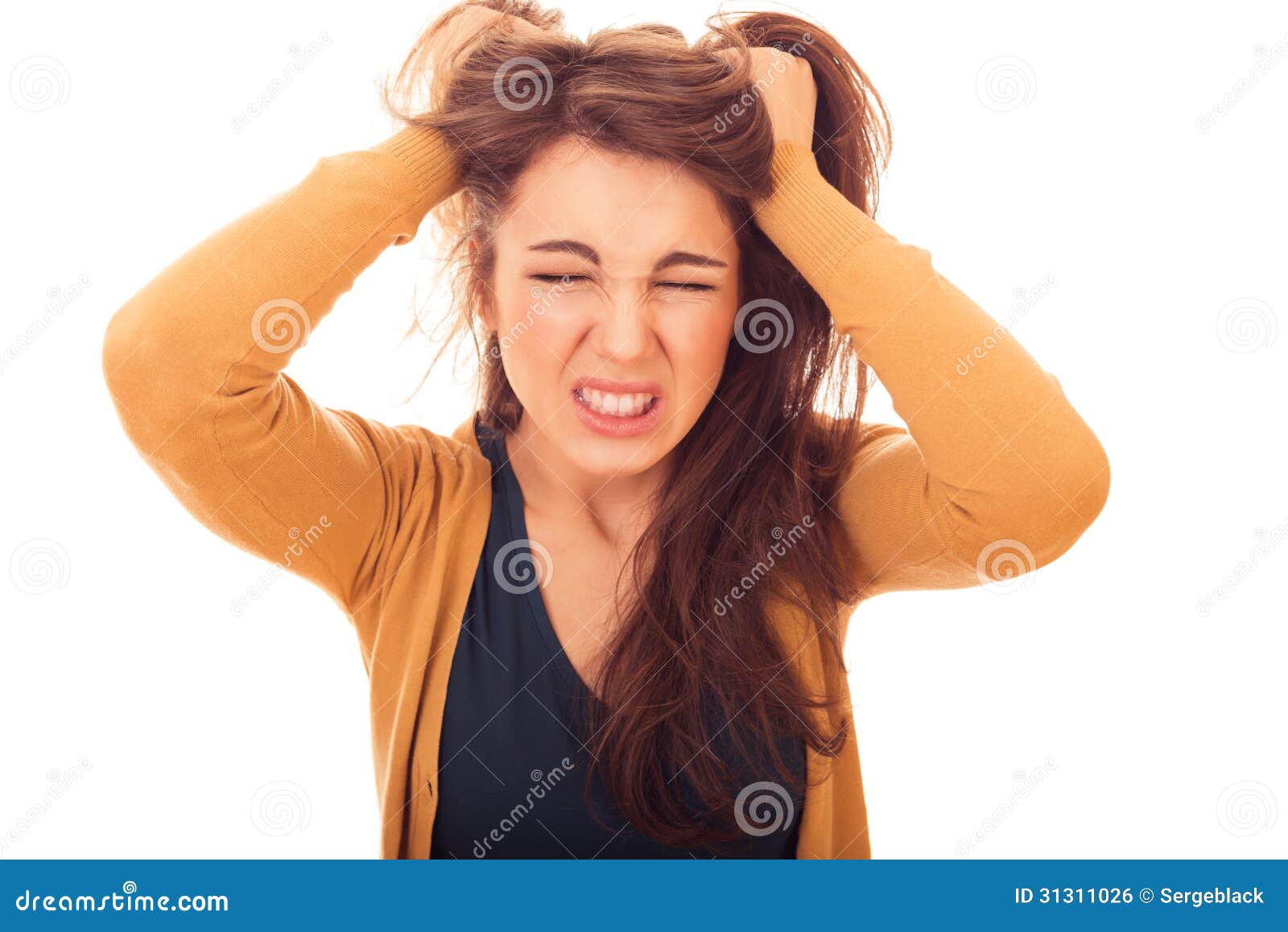 La Mujer Subrayada Sostiene El Pelo De Las Manos Foto de archivo ...