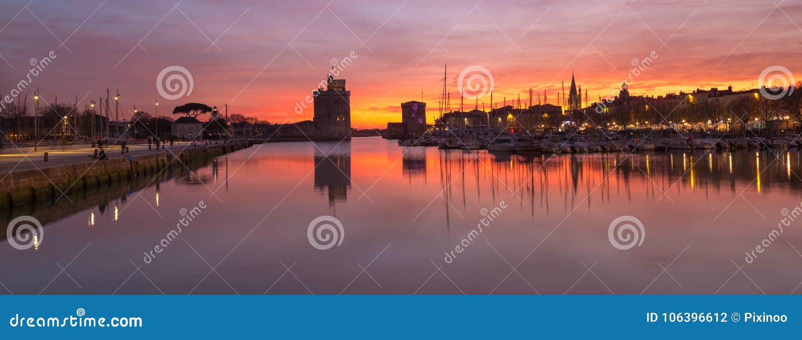 La Rochelle - Harbor by Night with Beautiful Sunset Stock Photo - Image ...