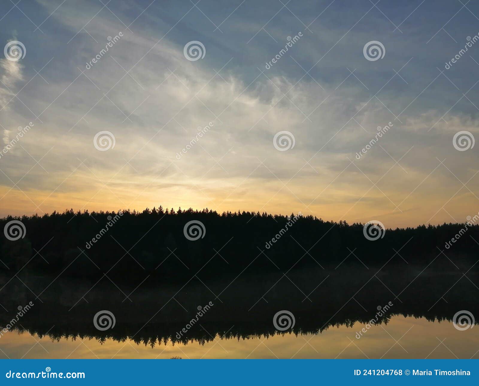 La Silueta De Un Bosque Oscuro Se Refleja En El Agua De Un Lago ... La Silueta De Un Bosque Oscuro Se Refleja En El Agua De Un Lago ...