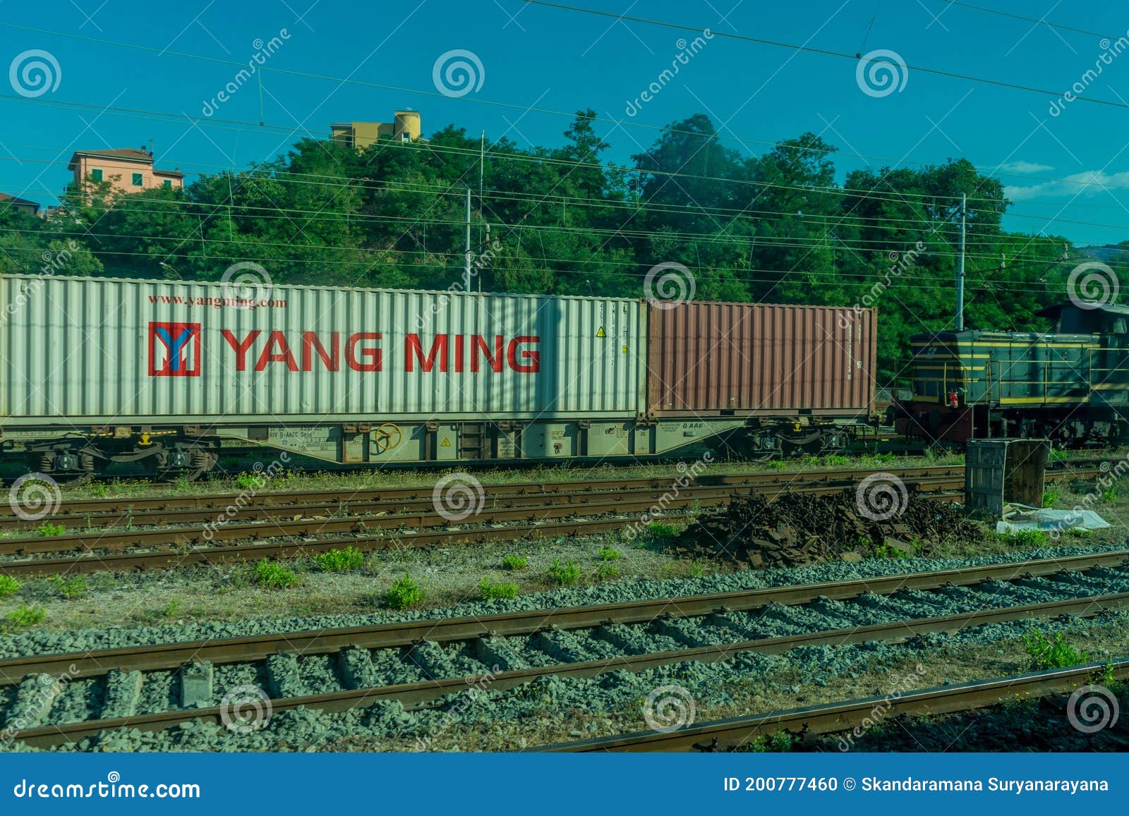 La Spezia, Italy - 28 June 2018: the Yang Ming Container on a Train in ...