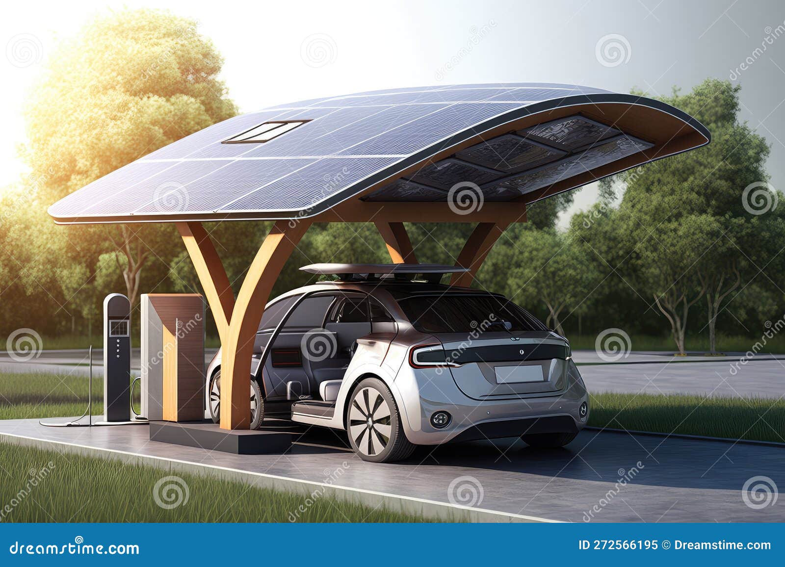 Laadstation Voor Elektrische Autos Met Zonnepanelen Op Het Dak Stock