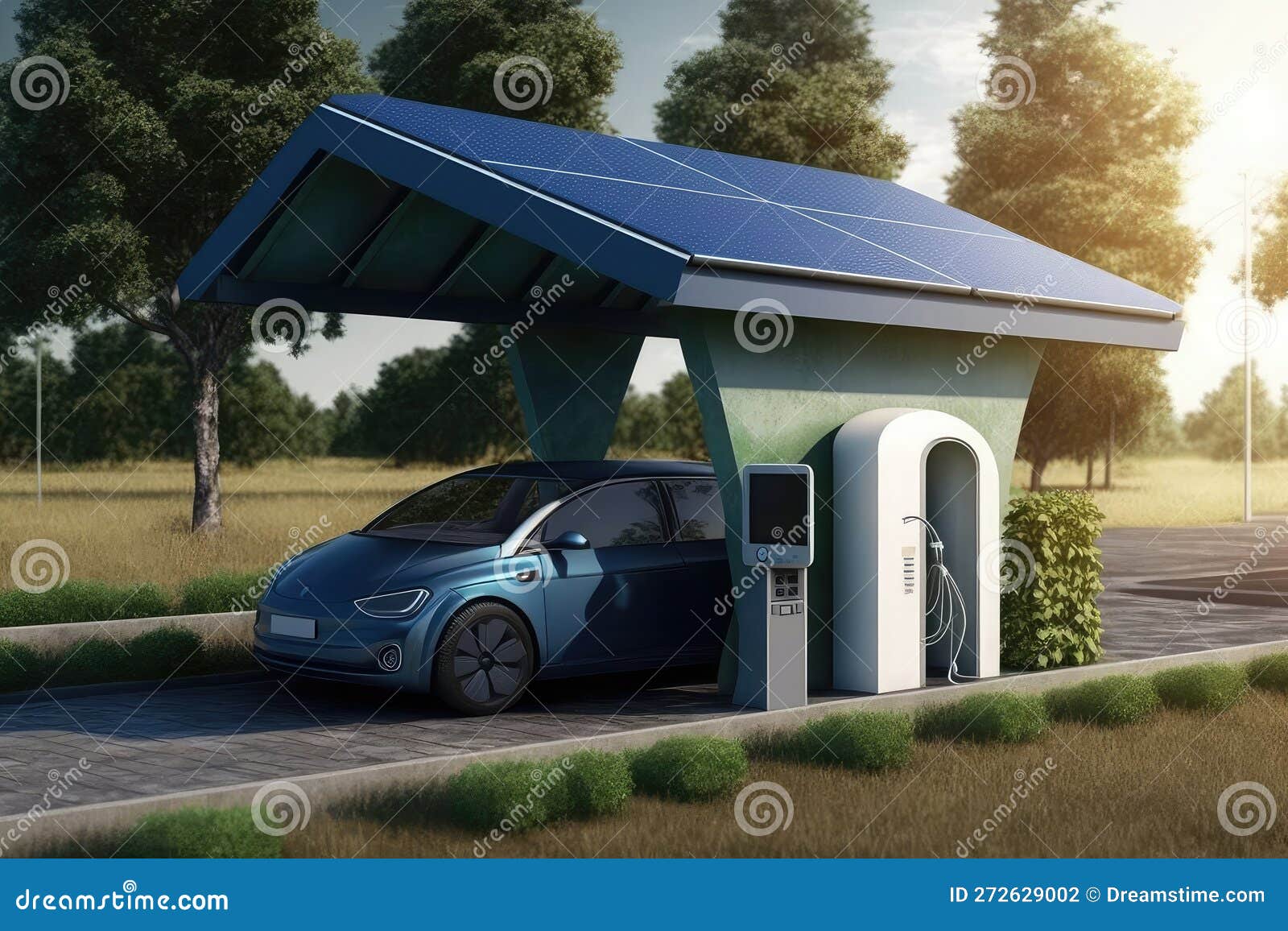 Laadstation Voor Elektrische Autos Met Zonnepanelen Op Het Dak Stock