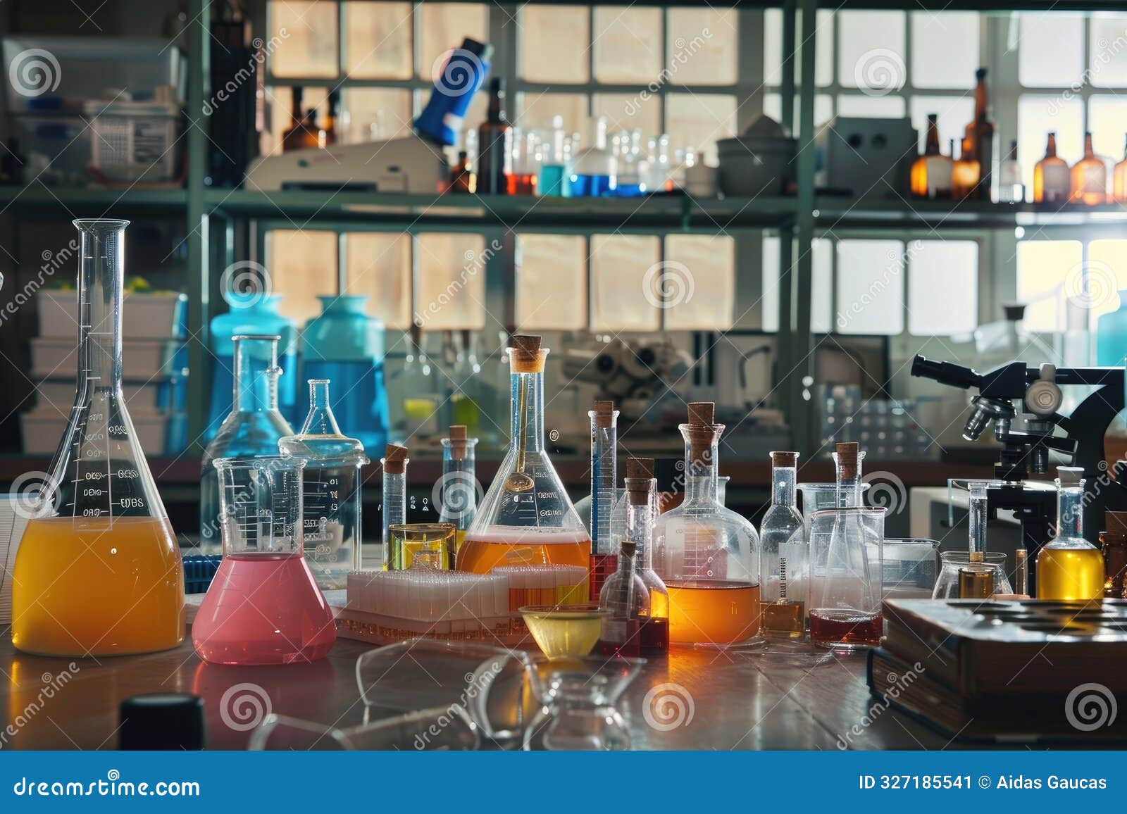 Lab Bench with Beakers Test Tubes and Microscopes Stock Illustration ...