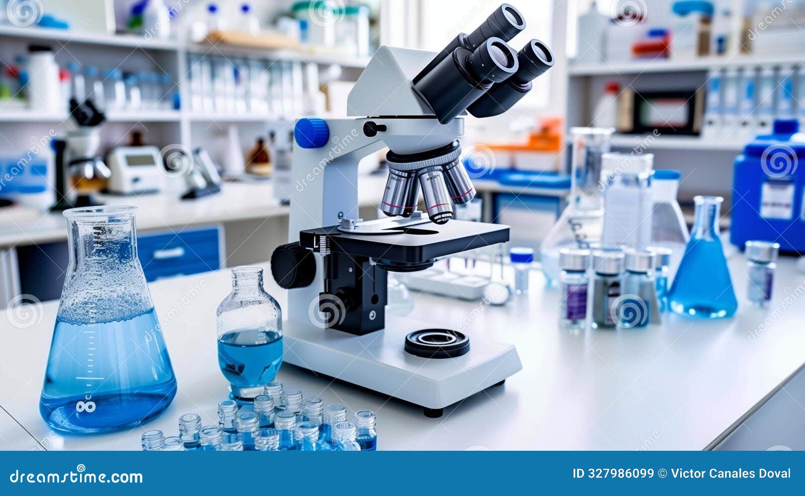 A Lab Bench with a Microscope and Various Chemicals on it Stock Image ...