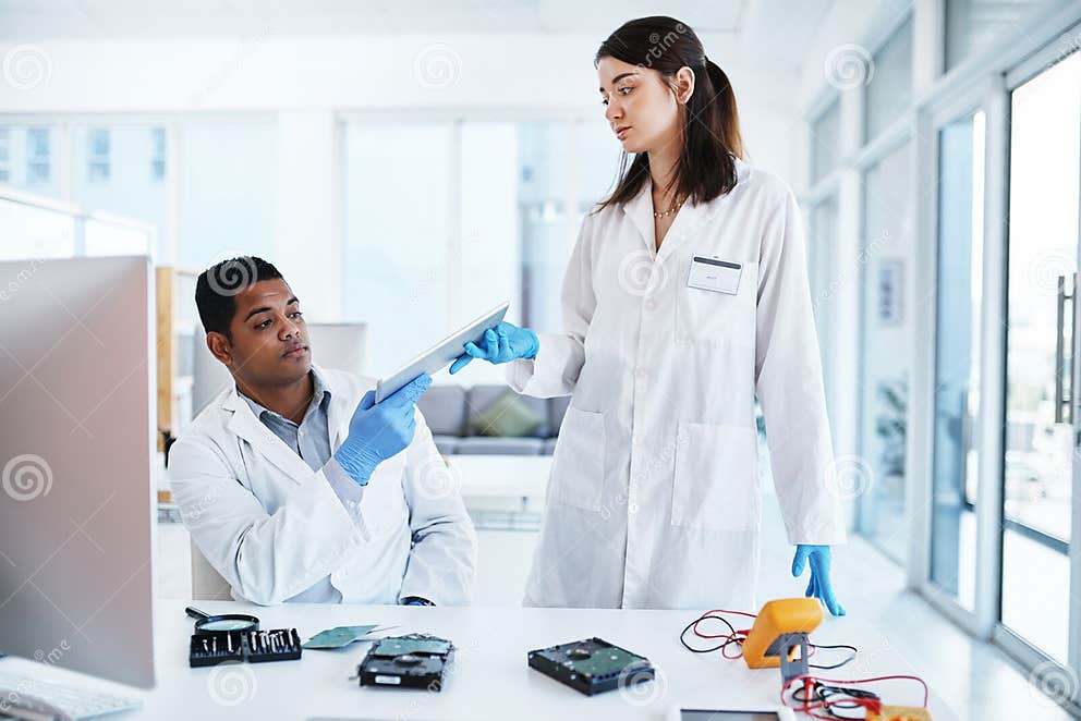 Lab, Engineer and People with Computer, Repairing and Collaboration for ...