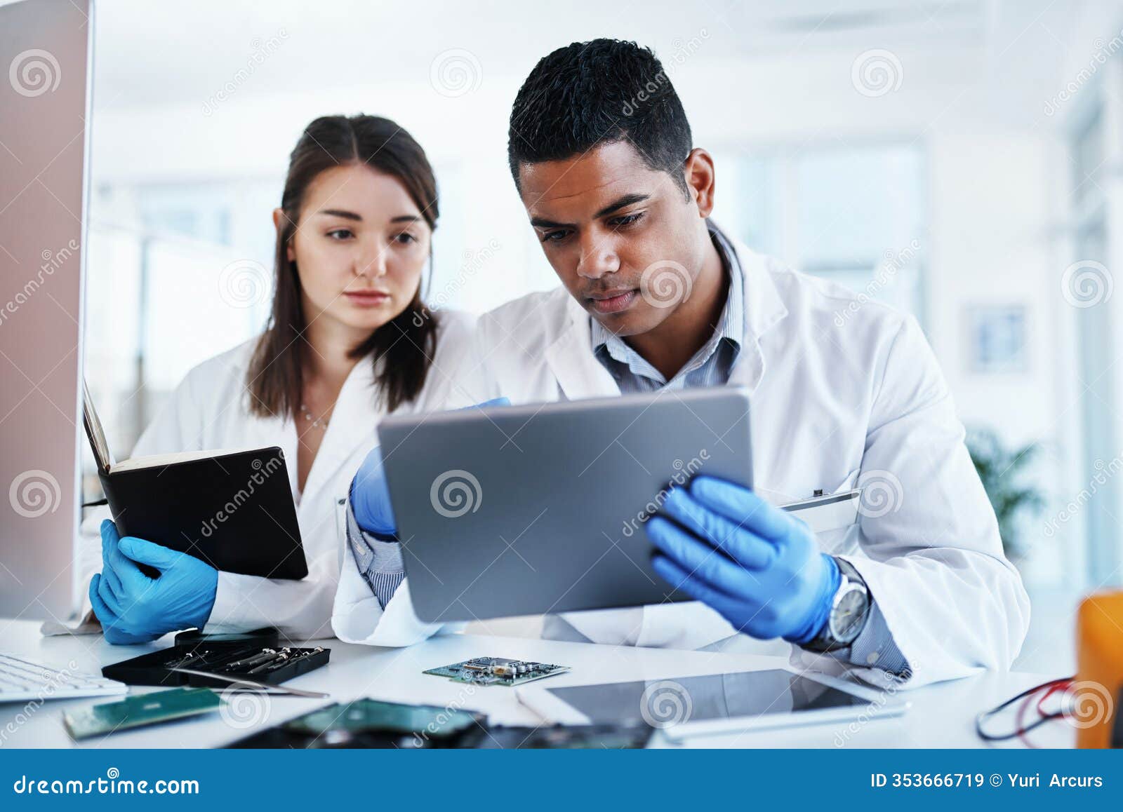 Lab, Engineer and People with Tablet, Serious and Collaboration for ...
