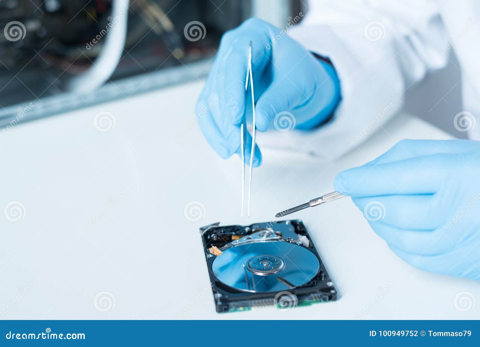 Lab Engineer Working on Broken Hard Disk Stock Photo - Image of machine ...