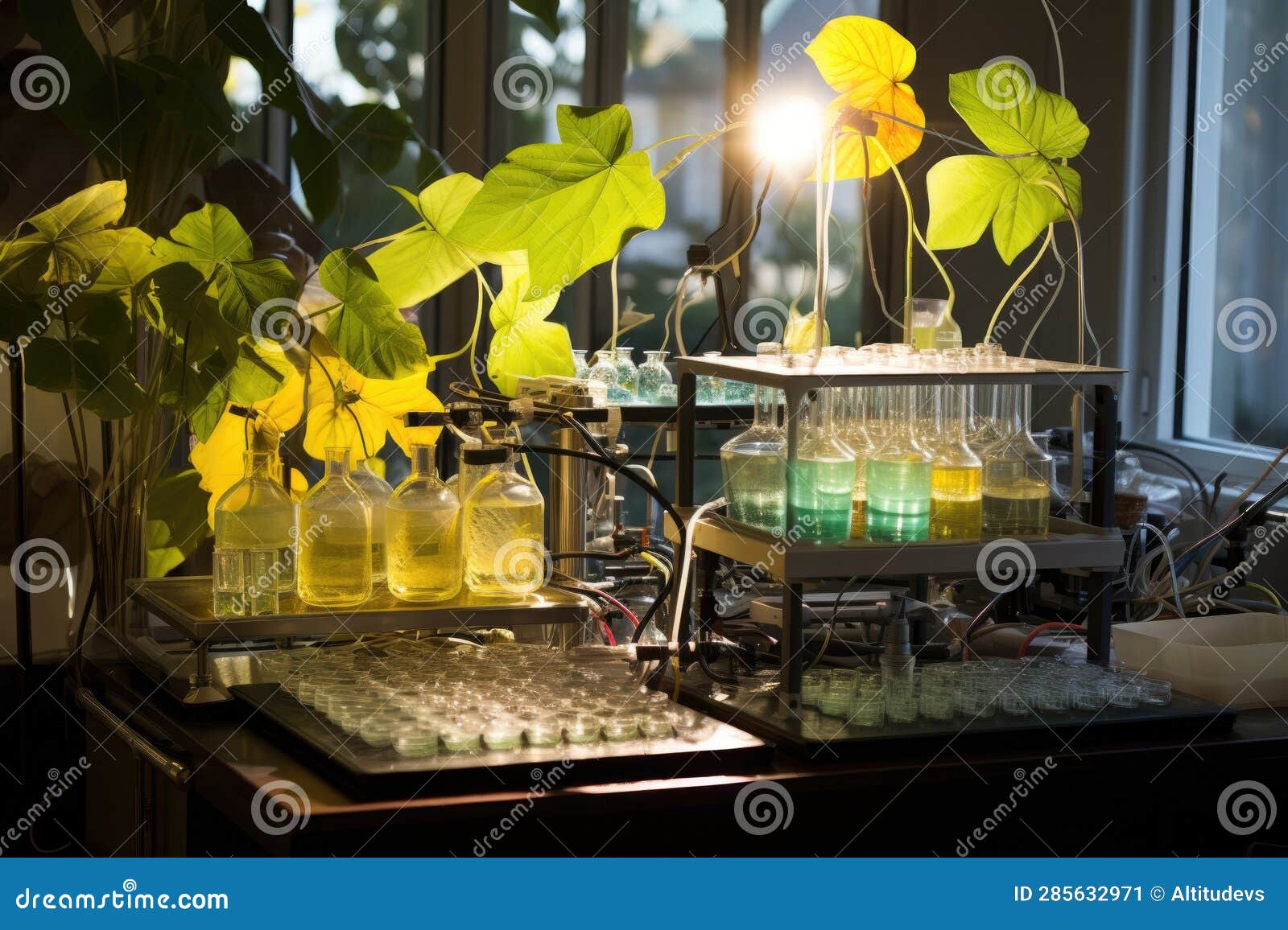 Lab Equipment with Leaf Samples, Studying Artificial Photosynthesis ... Lab Equipment with Leaf Samples, Studying Artificial Photosynthesis ...
