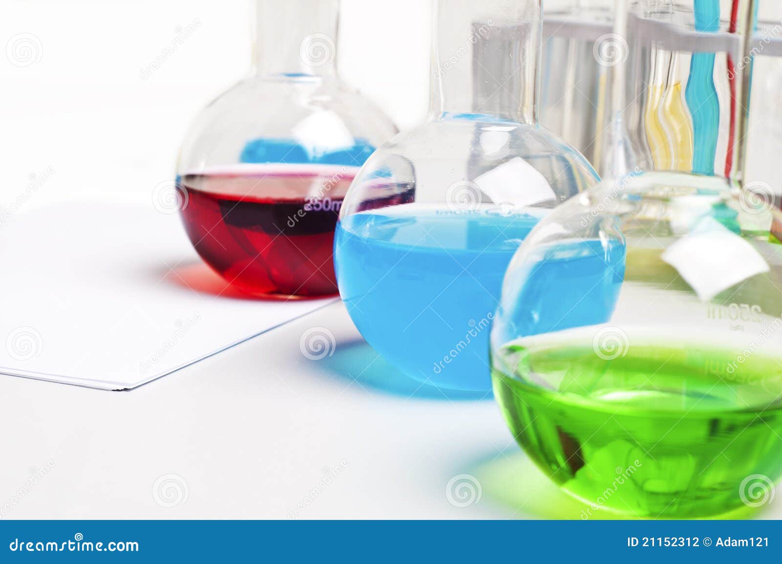 Lab Flasks with Colored Liquids, Lab Workplace Stock Photo - Image of ...