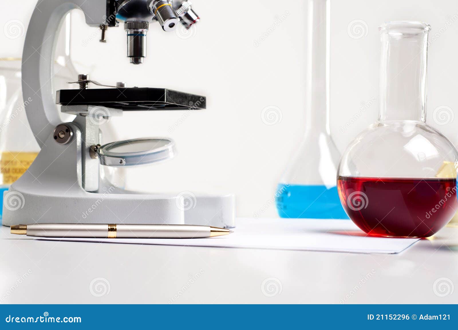 Lab Flasks, Tubes, Microscope, Lab Workplace Stock Photo - Image of ...
