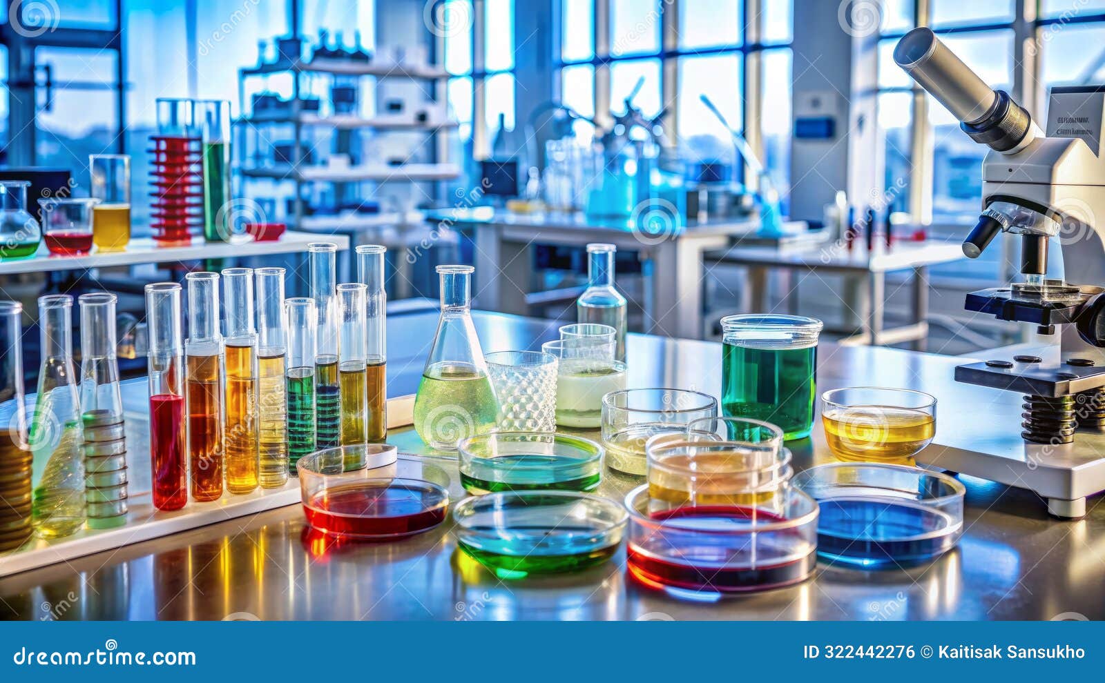 Lab Glassware with Colorful Liquids on Lab Table with Microscope in ...