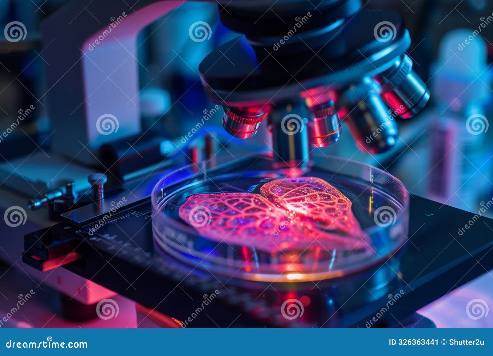 Lab Grown Heart Tissue In A Petri Dish Illuminated Under A Microscope ...