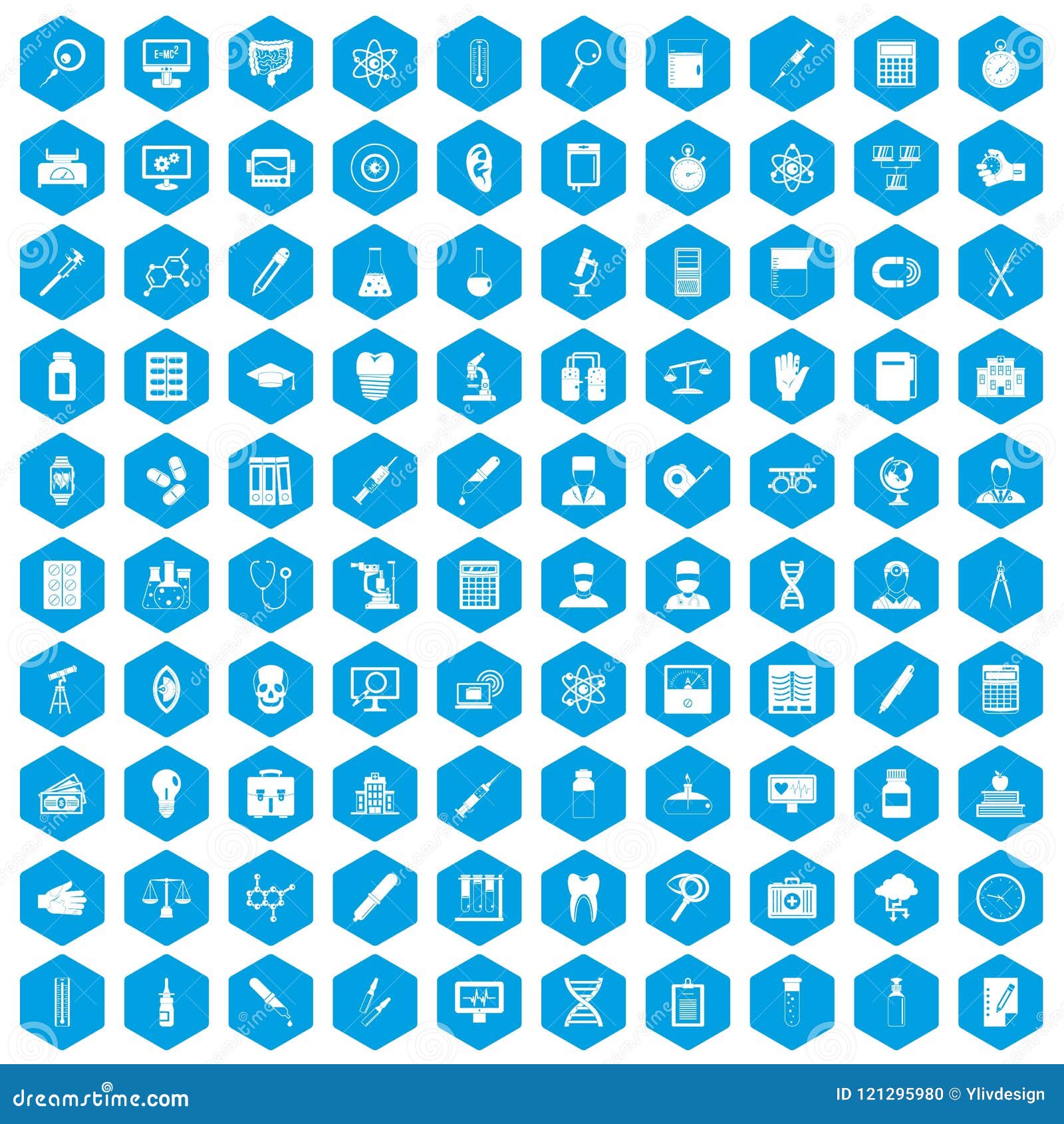 100 lab icons set blue stock vector. Illustration of pills - 121295980