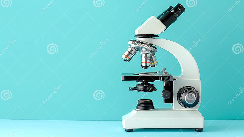 Lab Microscope Close Up, Blue Light Background, Minimalist Style, Empty ...
