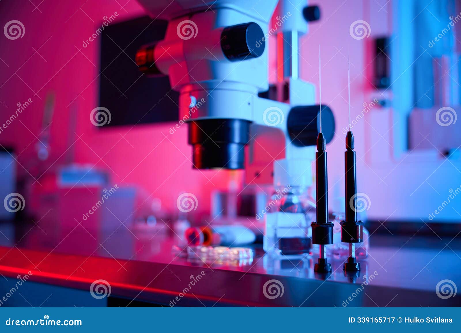 Lab Microscope Surrounded by Red and Blue Ambient Light Stock Image ...