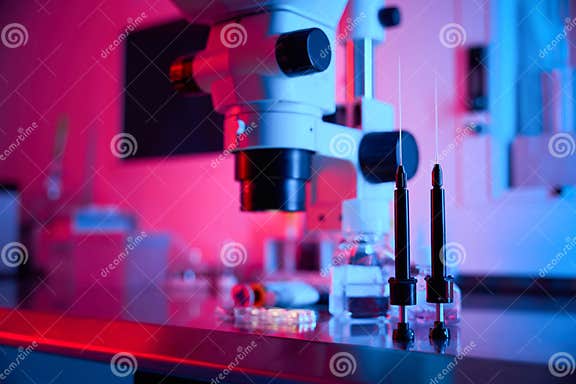 Lab Microscope Surrounded by Red and Blue Ambient Light Stock Image ...