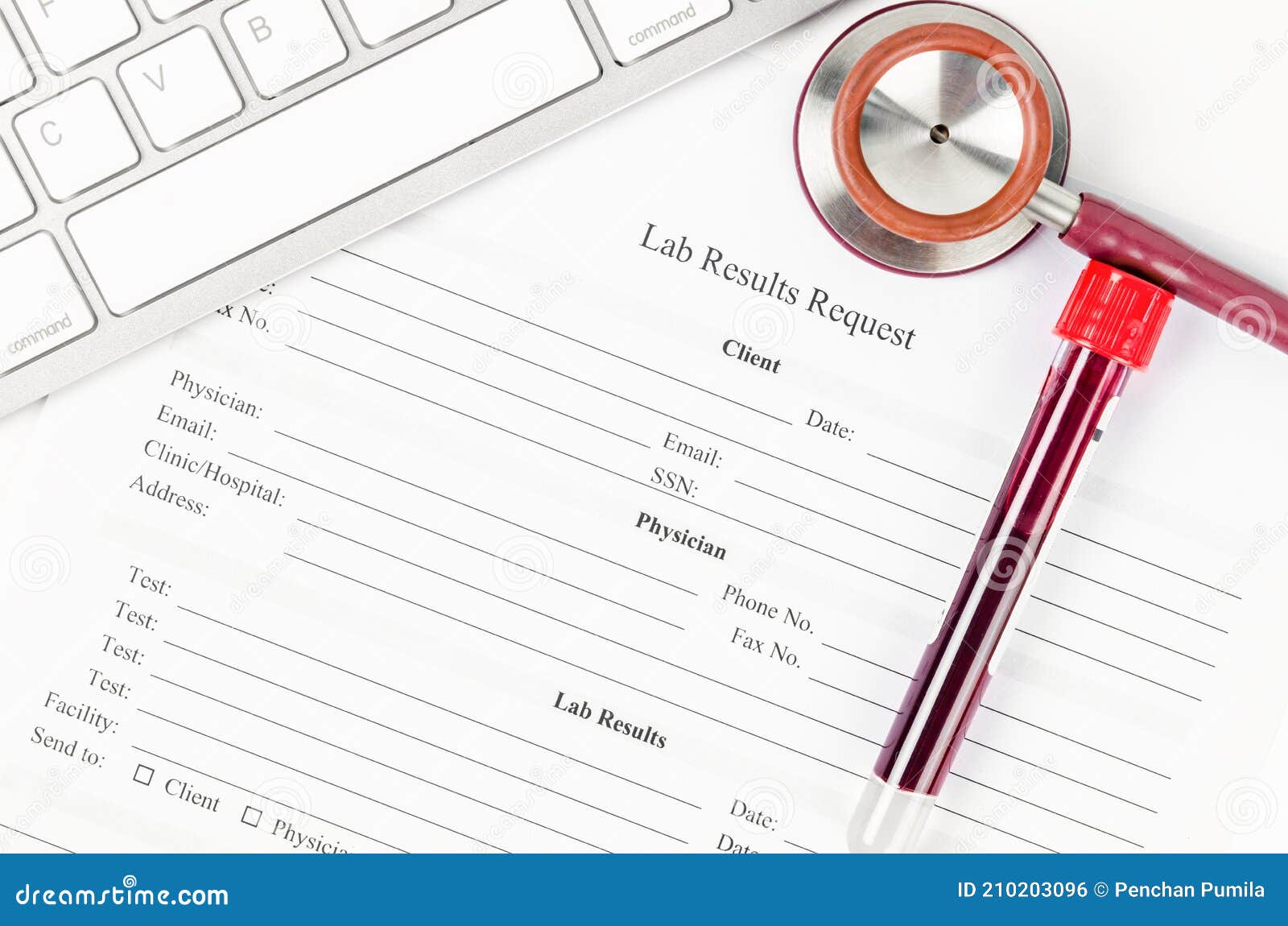 Lab Results Request Form and Sample Blood in Tube with Stethoscope ...