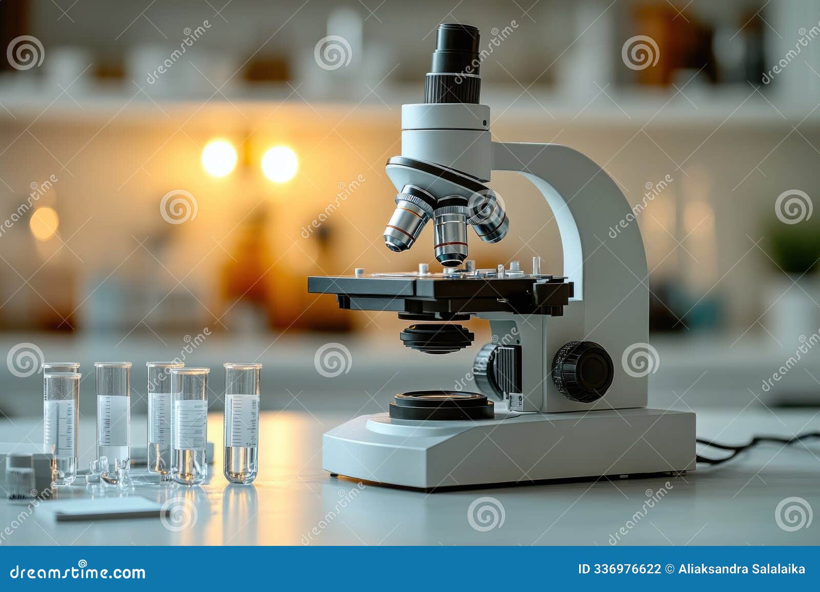 Lab Table with Microscope and Test Tubes, Illustrating a Science ...