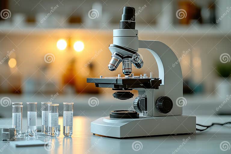 Lab Table with Microscope and Test Tubes, Illustrating a Science ...