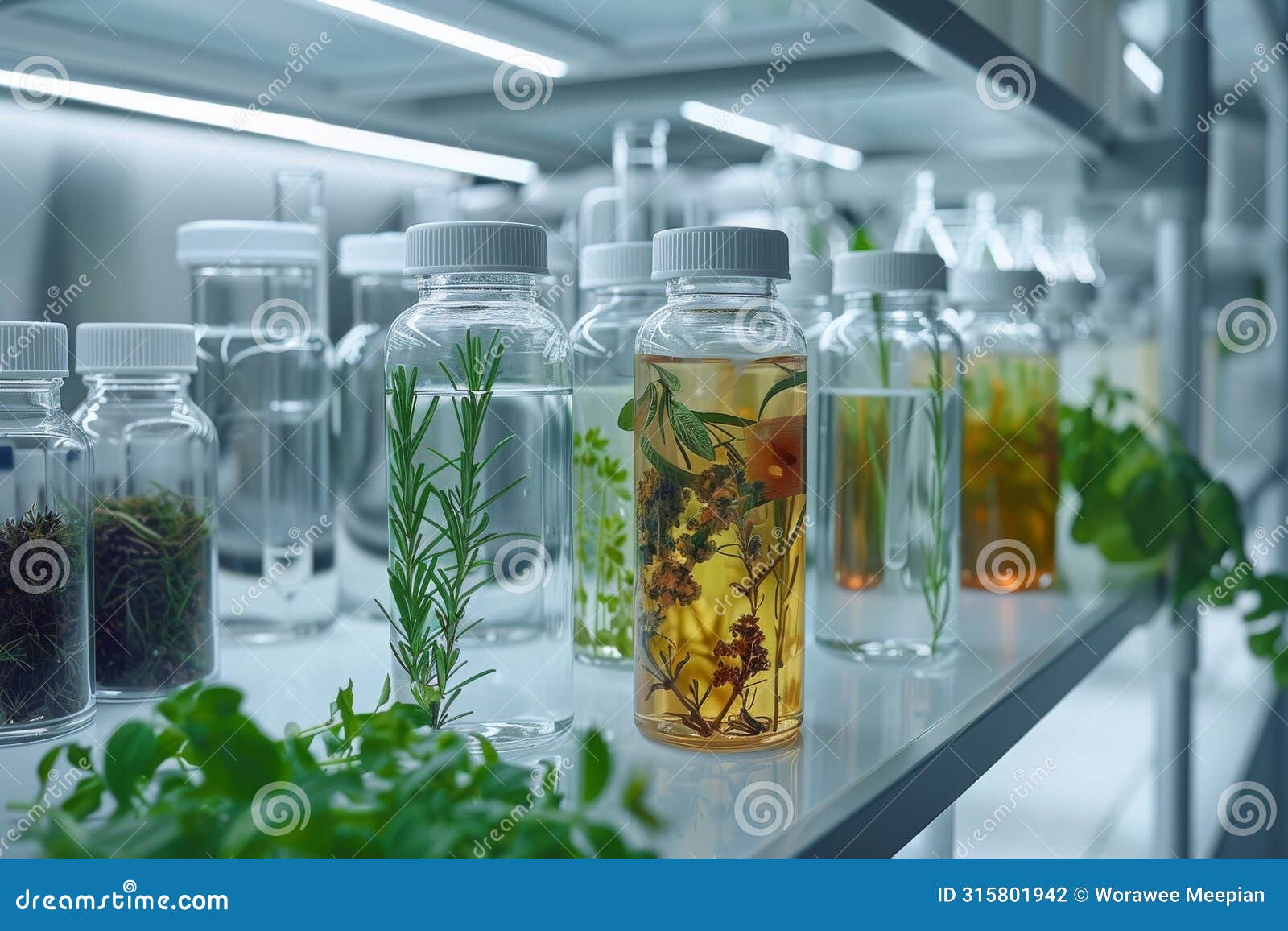 A Lab Table with Several Vials of Herbs and Plants Stock Photo - Image ...