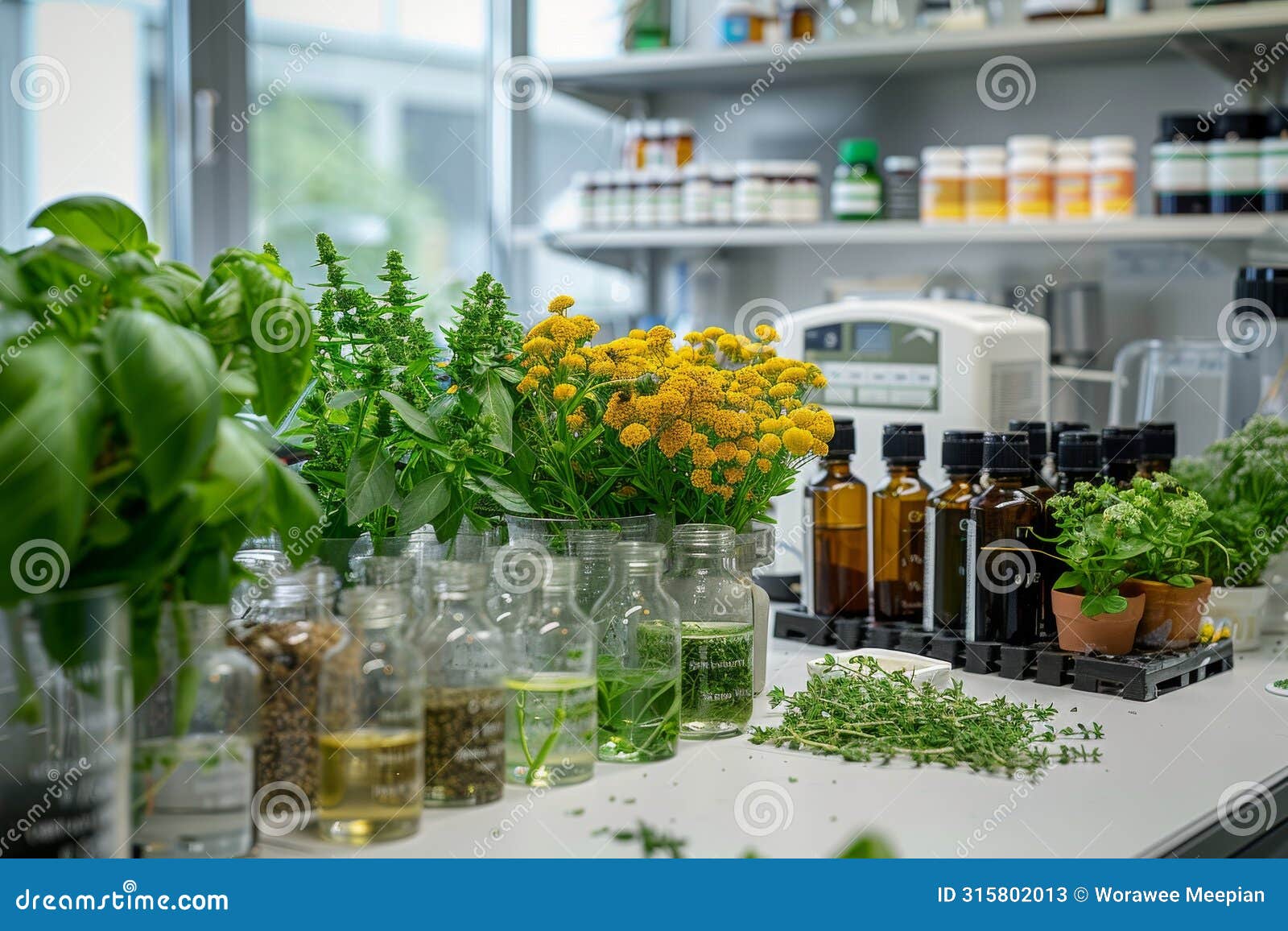 A Lab Table with Several Vials of Herbs and Plants Stock Image - Image ...