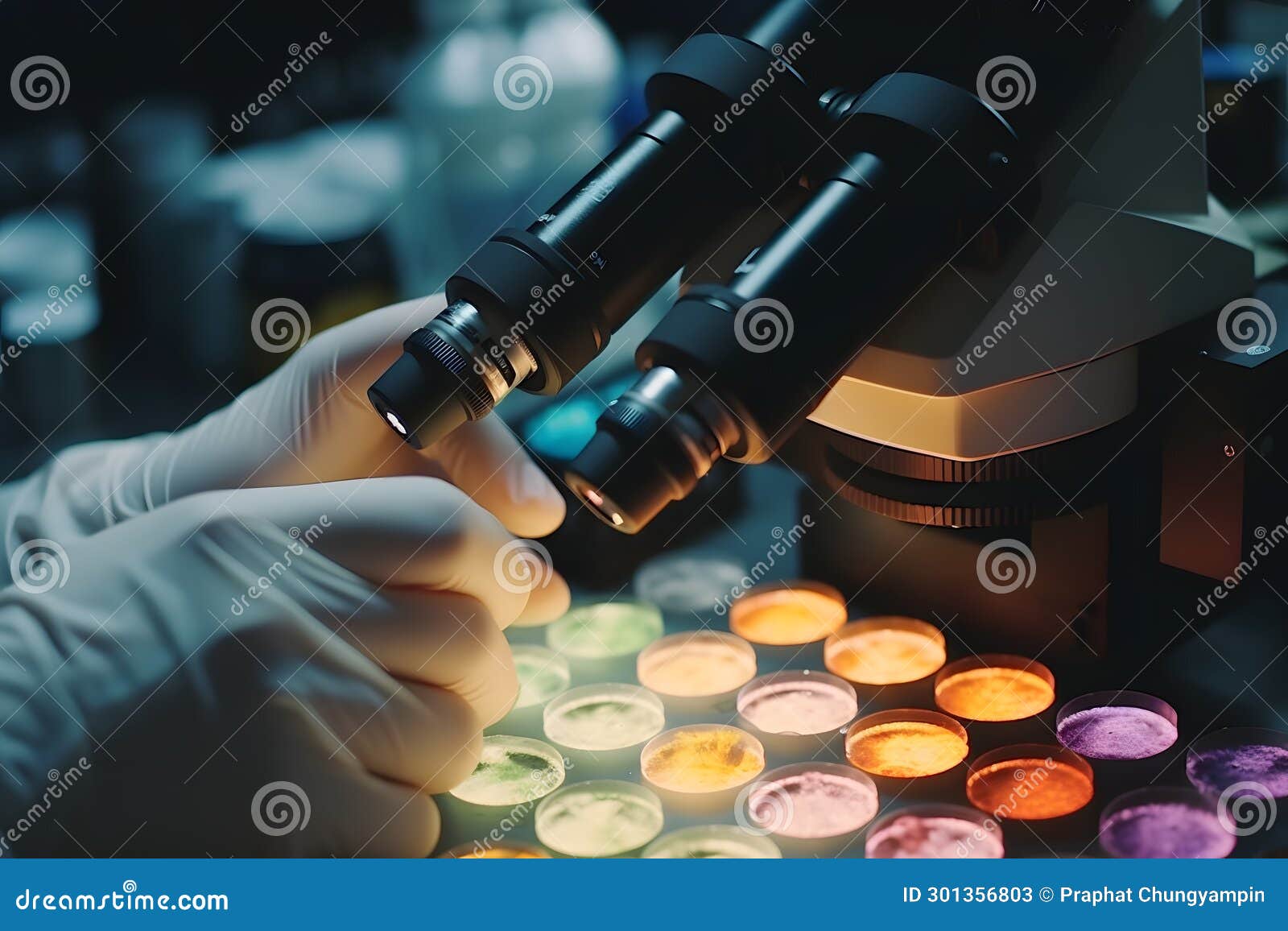 Lab Technician Manages Microscope and Light on the Coloring Substantial ...
