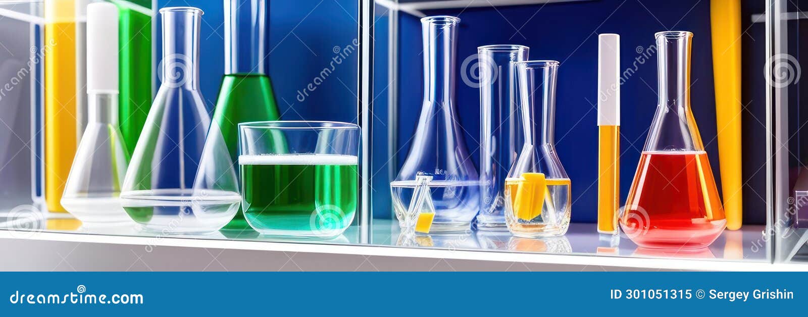 Lab Theme with Lab Glassware Filled Colorful Liquid and Transparent ...