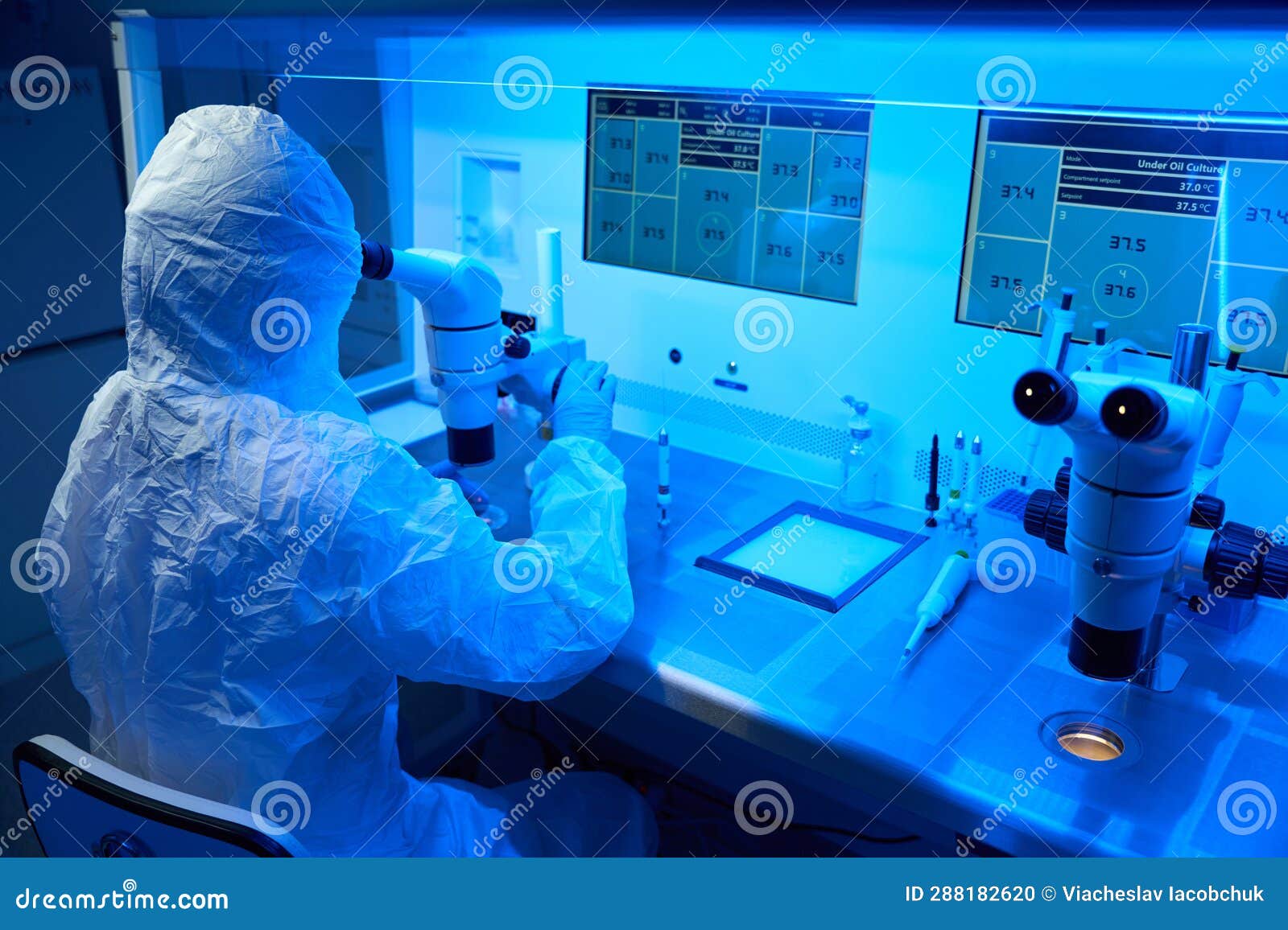 Lab Worker in a Protective Uniform Performs Biopsy of Embryos Stock ...