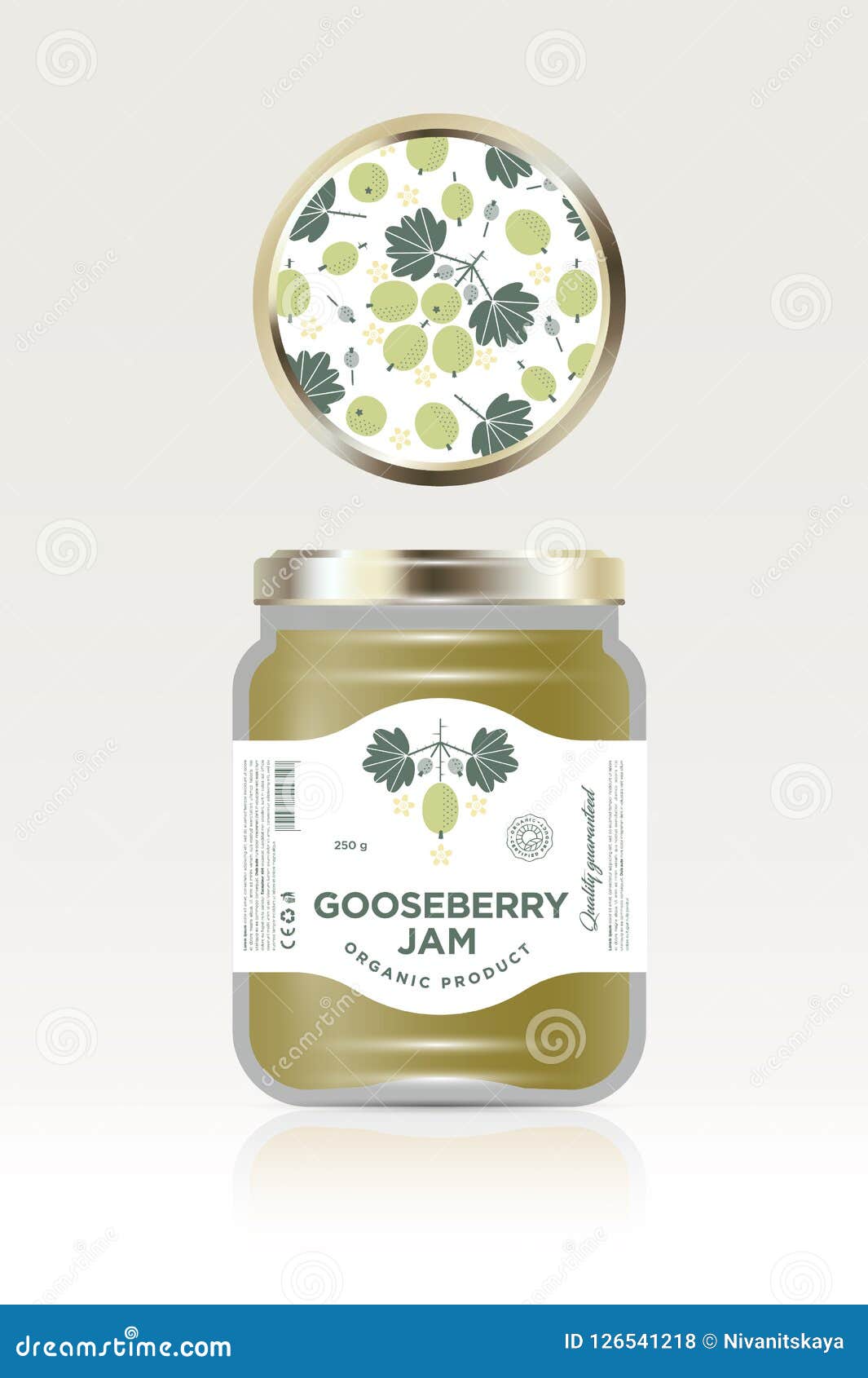 Label and Packaging of White Gooseberry Jam. Can Lid Jar with Fruit ...