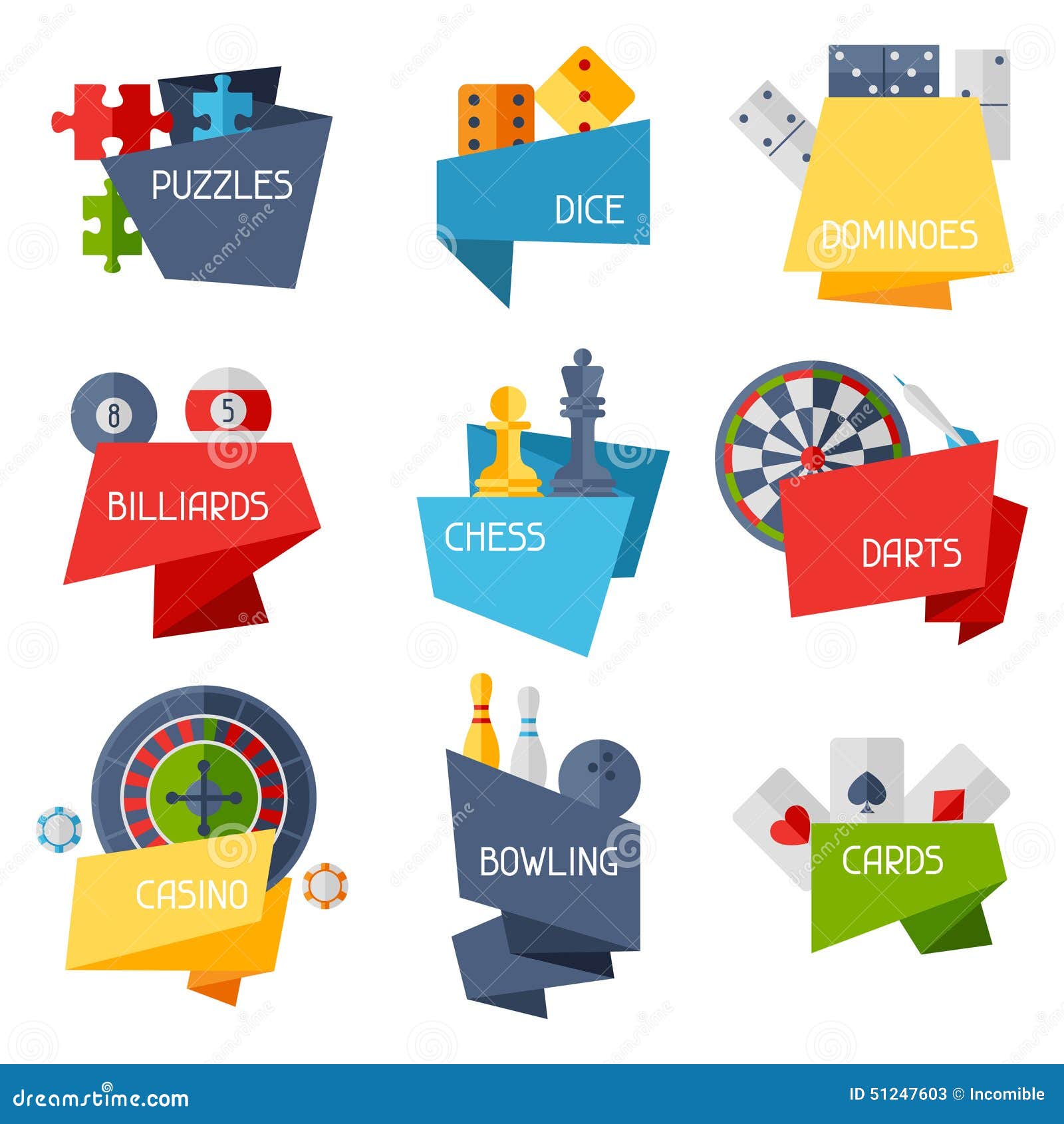 Labels with Game Icons in Flat Design Style Stock Vector - Illustration ...