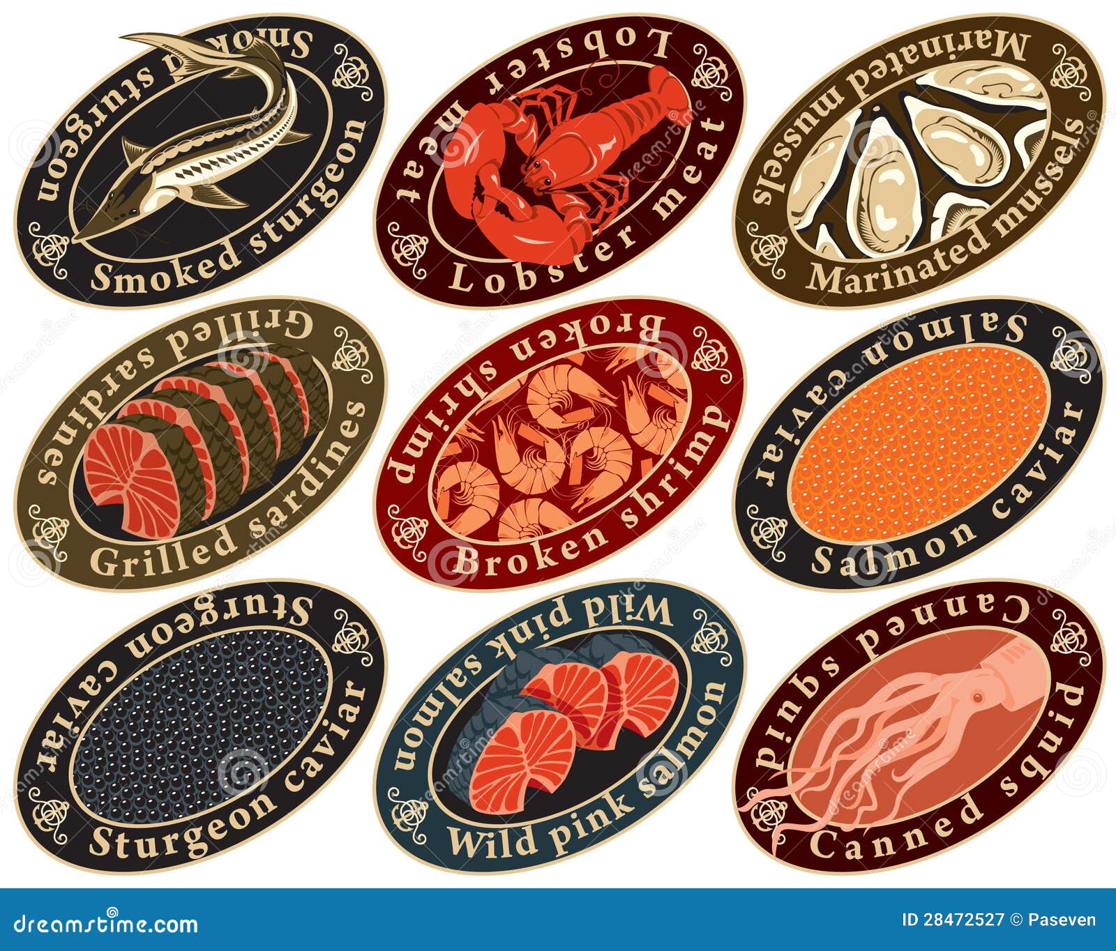 Labels for seafood stock vector. Illustration of delicacy - 28472527