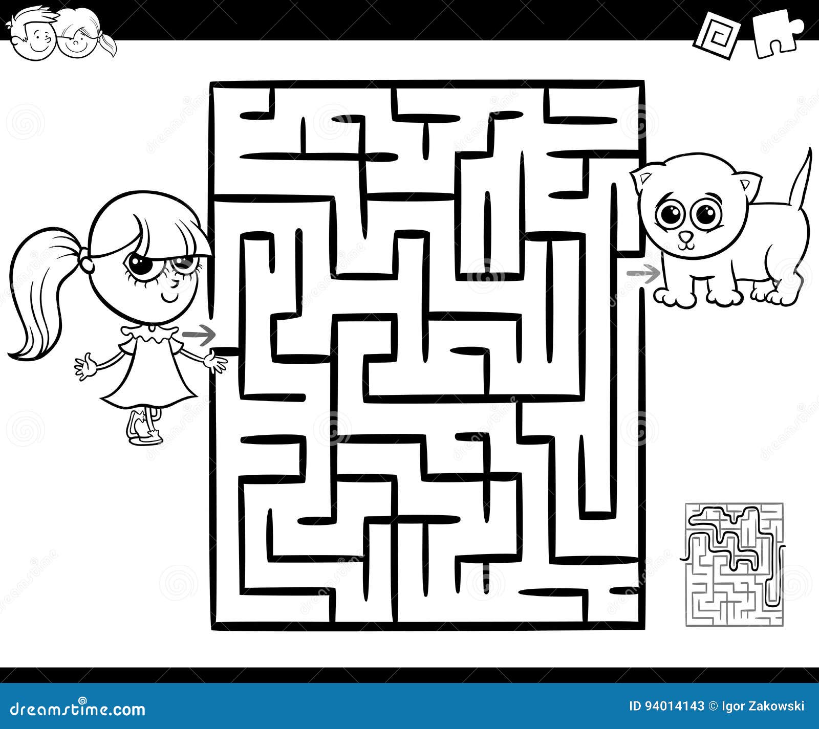 Labirinto Com Menina E Gato Para Colorir Ilustração do Vetor ...