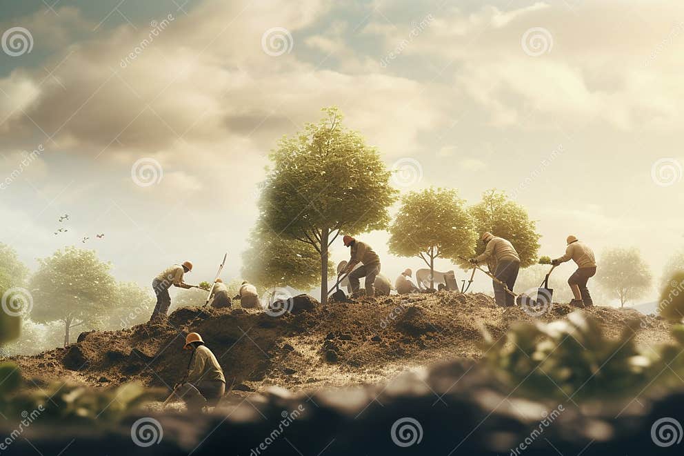 Labor Day Concept with Workers Planting Trees Stock Illustration ...