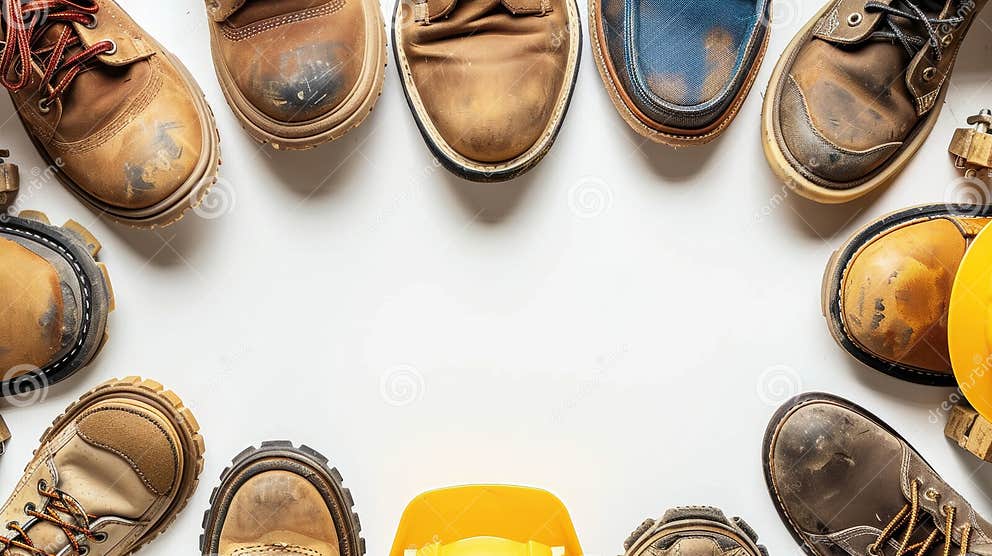 Labor Day Frame Border Background with Work Boots and Hard Hats on ...