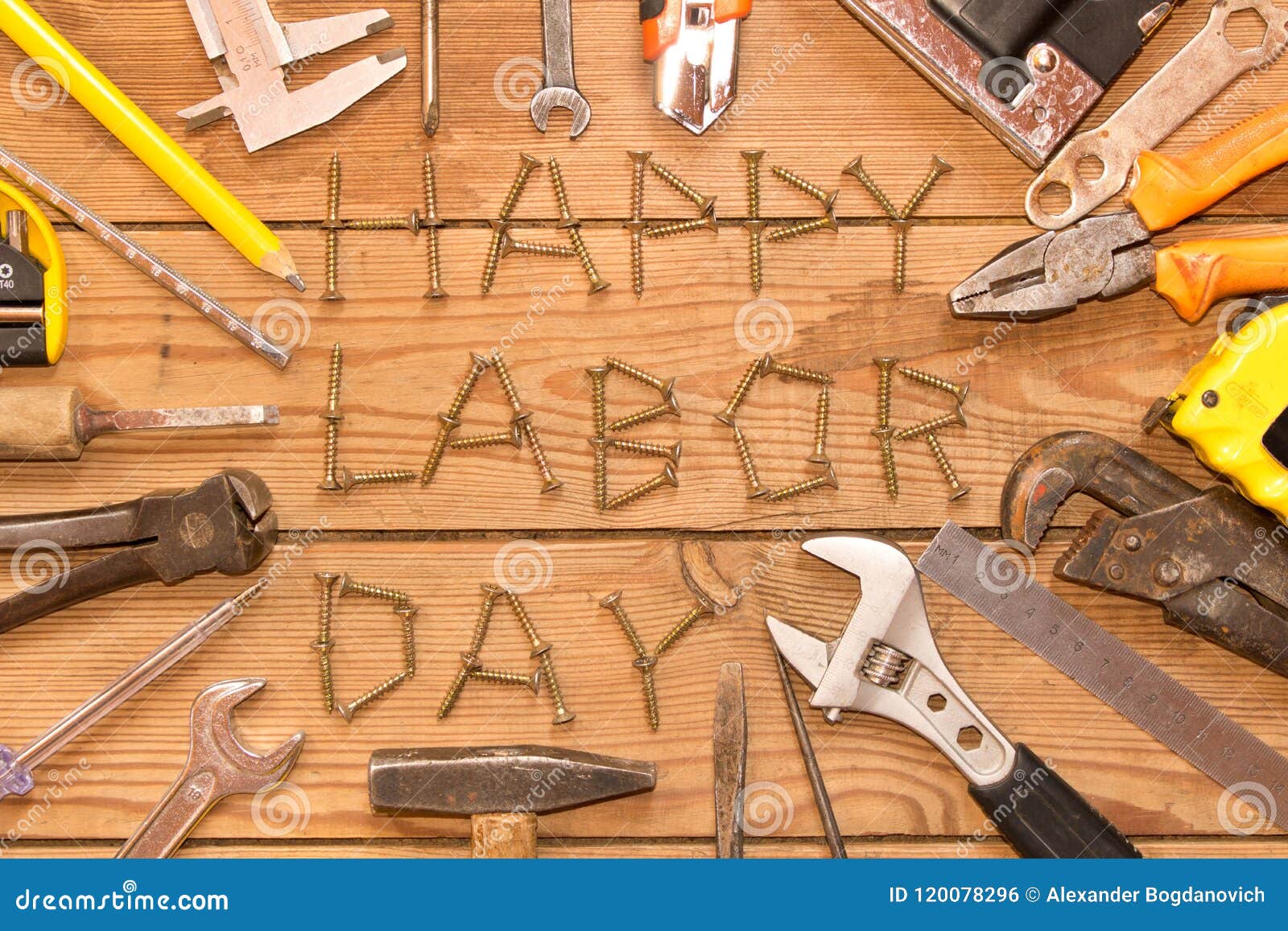 Labor Day. Lots of Different Tools on Wooden Background Stock Photo ...