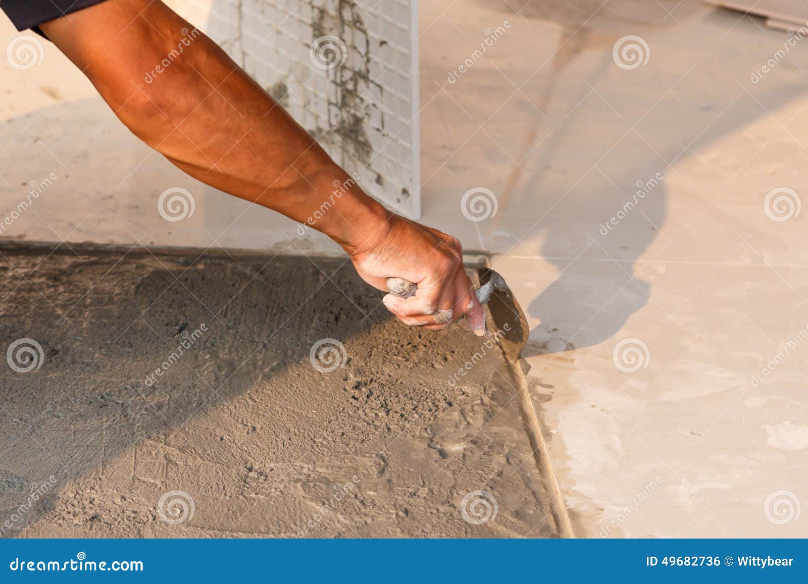 Labor Installing Tile Floor for New House Building Stock Photo - Image ...