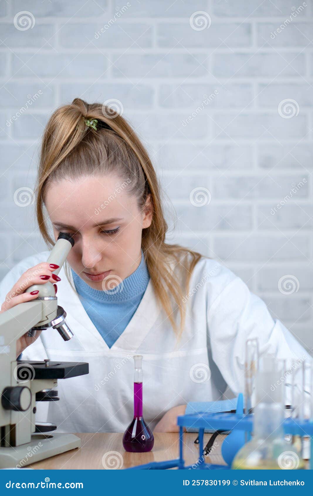 The Laboratory Assistant Examines Samples of Materials Under a ...