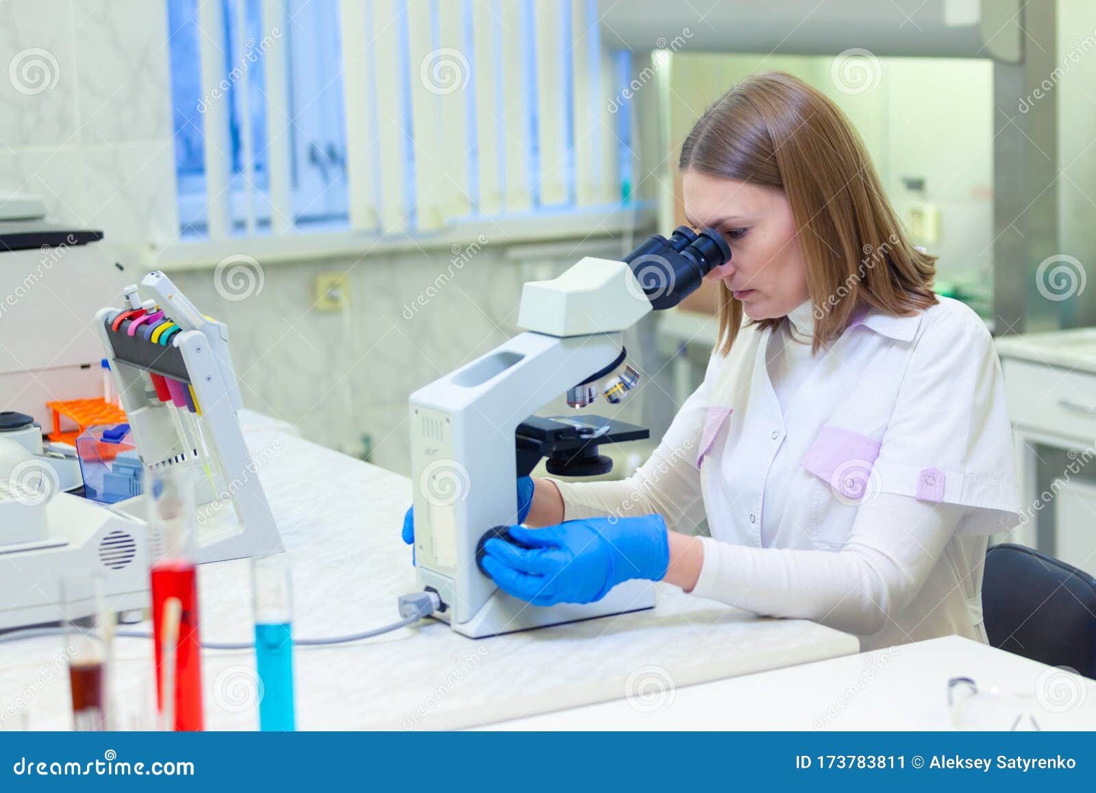 Laboratory Assistant Working with a Microscope in a Scientific ...