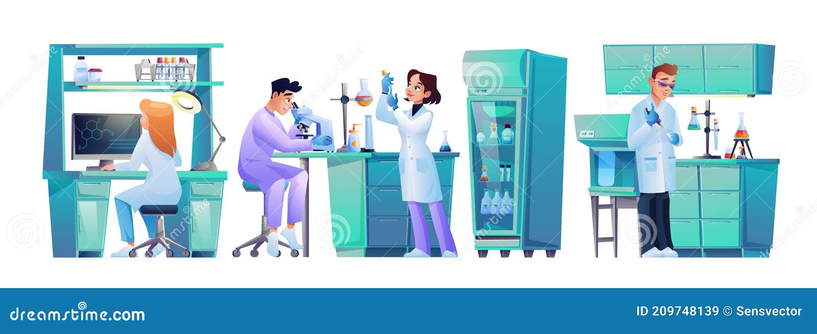 Laboratory Assistants Chemists With Test Tube And Flask, Glass Beaker ...