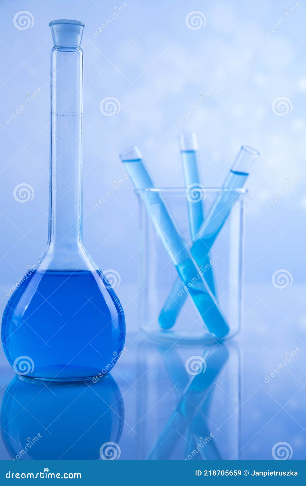 Laboratory Beakers, Microscope, Blue Background Stock Image - Image of ...