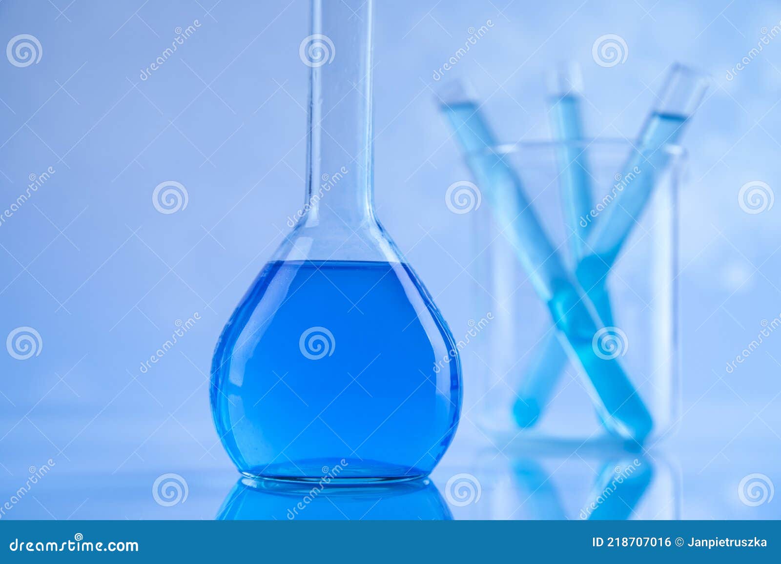 Laboratory Beakers, Microscope, Blue Background Stock Photo - Image of ...
