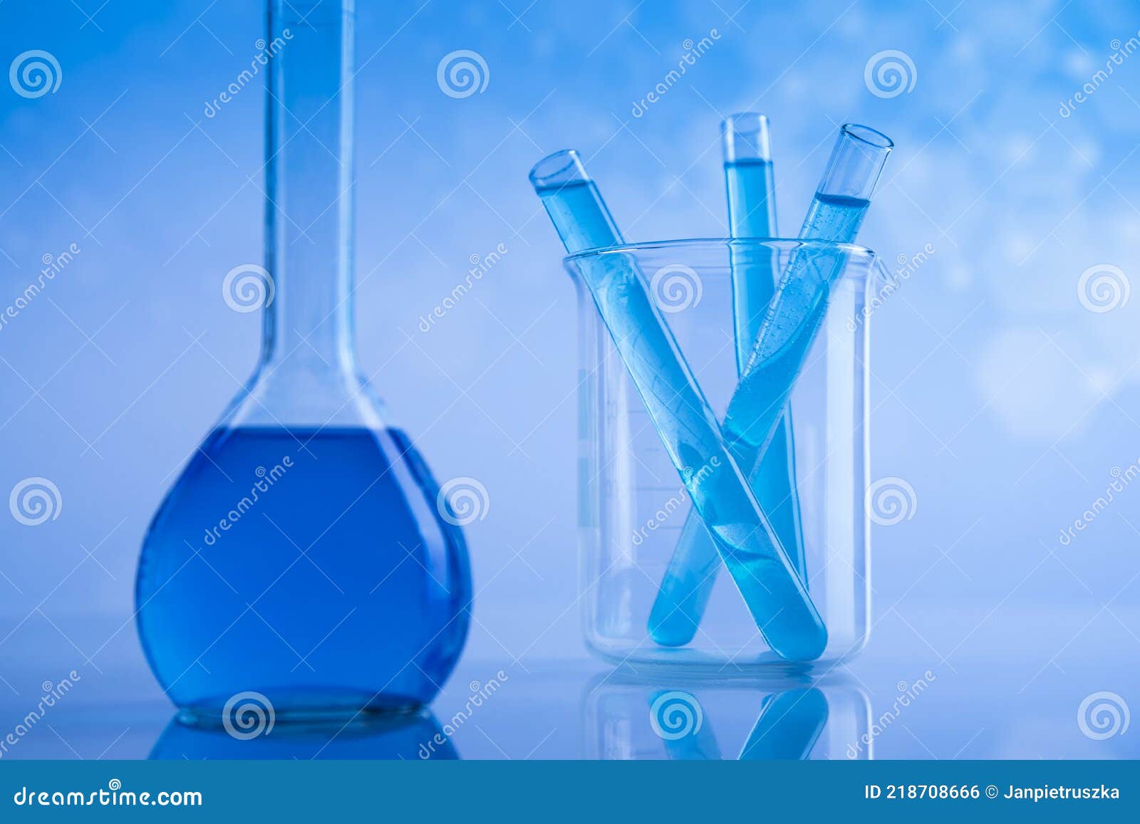 Laboratory Beakers, Microscope, Blue Background Stock Photo - Image of ...