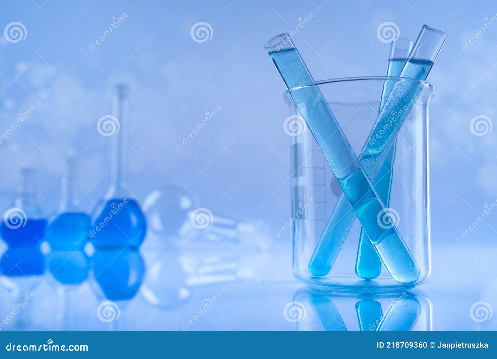 Laboratory Beakers, Microscope, Blue Background Stock Photo - Image of ...
